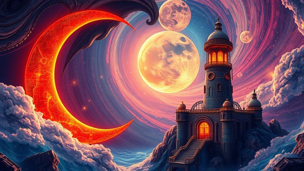 Surreal Steampunk Crescent Moon in Cyberpunk Synth... - AI Art