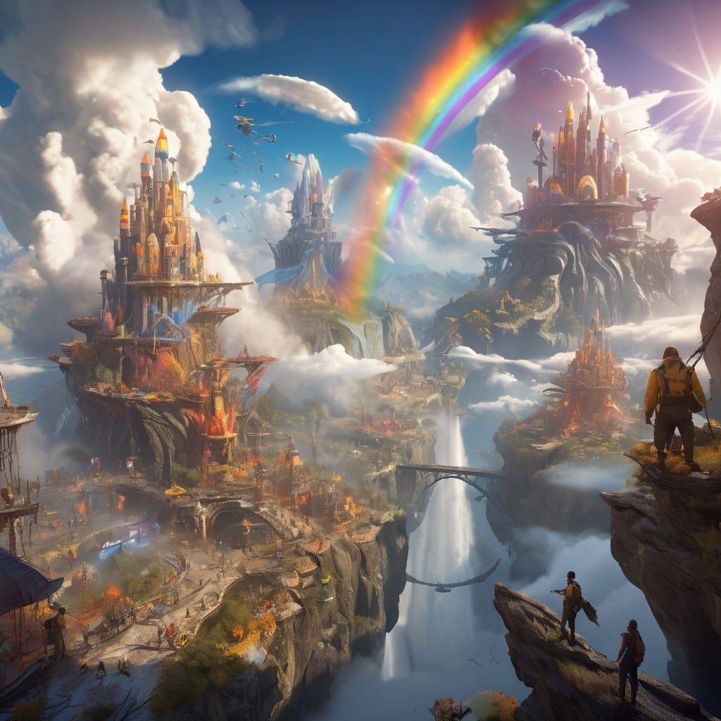 (many workers on very high scales painting a rainbow in the sky: 1.5 ...