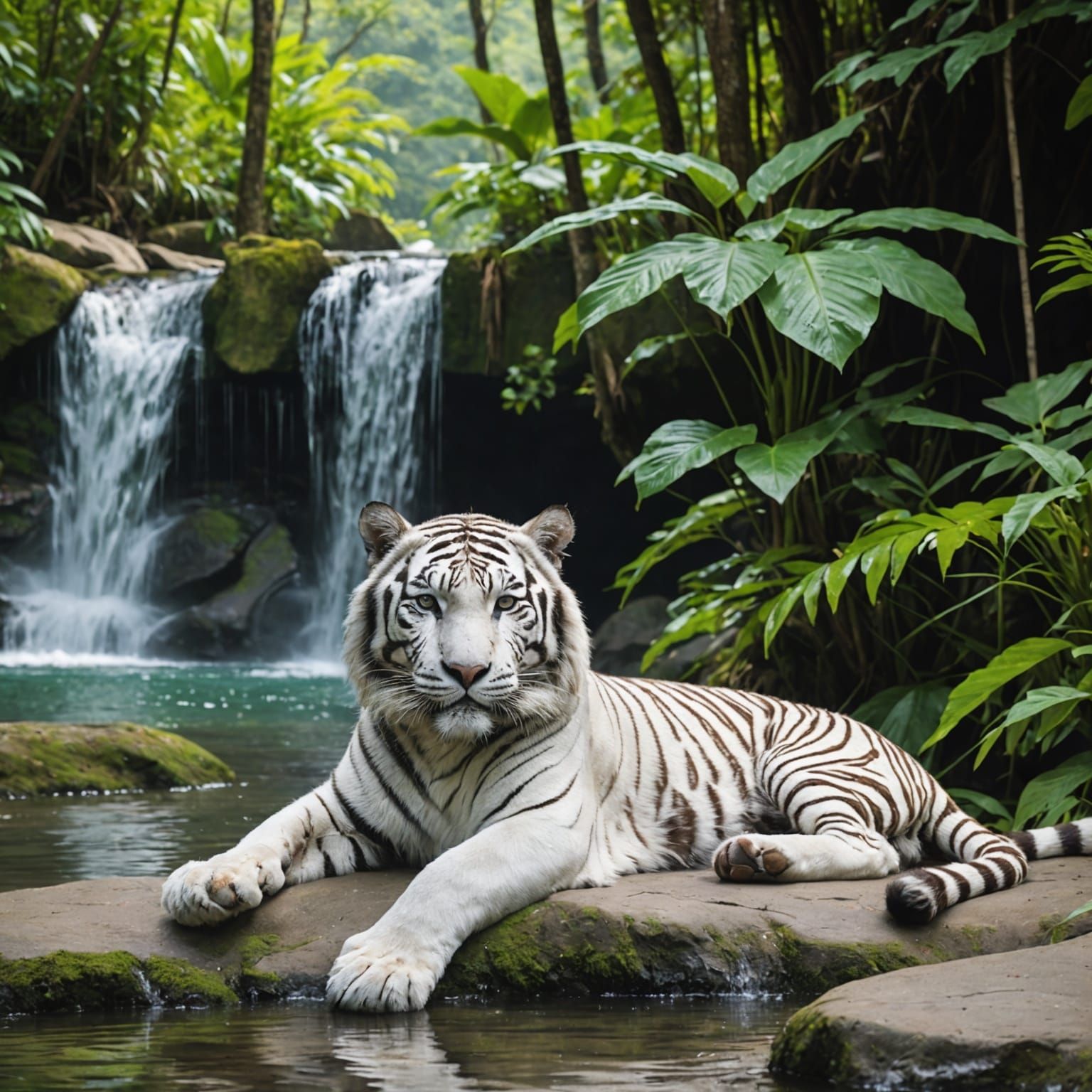 White tiger lounging beside a waterfall on island. - AI Generated ...