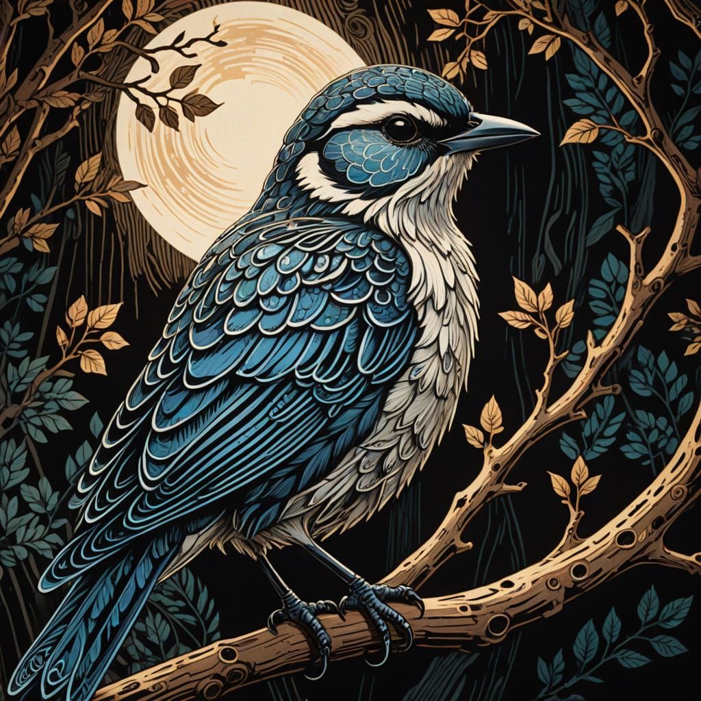 Beautiful Bird Woodblock Print in Stunning Photore... - AI Art