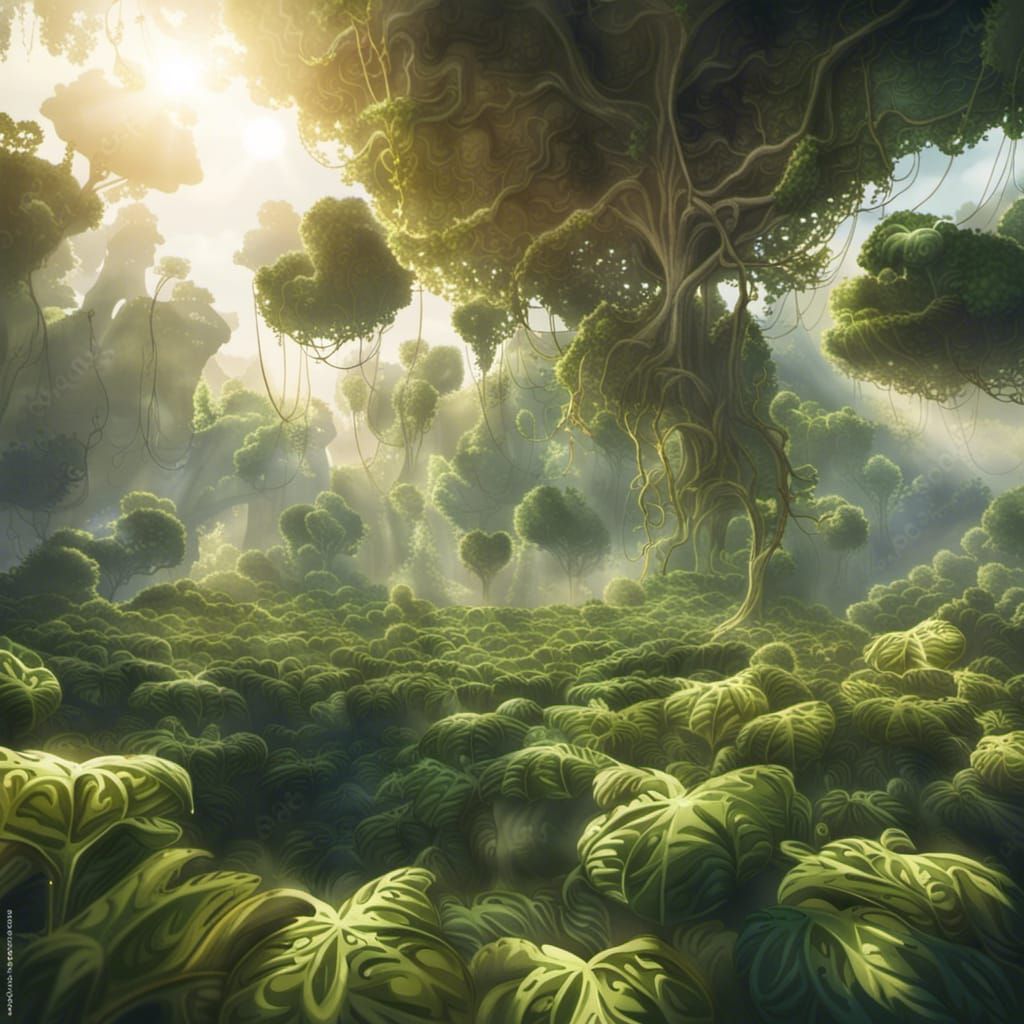 Skyland jungle with floating earth lumps linked together with vines, heavenly sunshine beams ...
