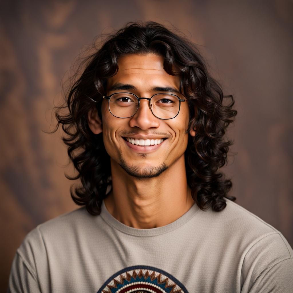 Dark dark dark brown skin, Native American man, long hair curly, no ...