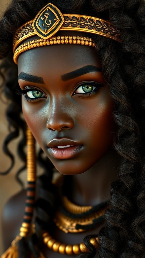 Ancient Egyptian princess with mocha chocolate skin, long dark russet curls, full lips, and ...