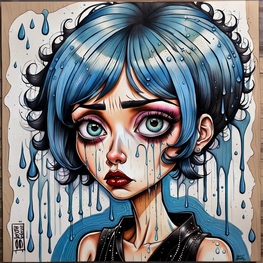 a drawing of a woman with tears on her face, a pop art painting, inspired by Margaret Keane, art ...