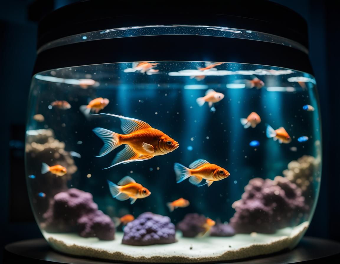 The Universe inside a fish tank, fish swimming around, professional ...