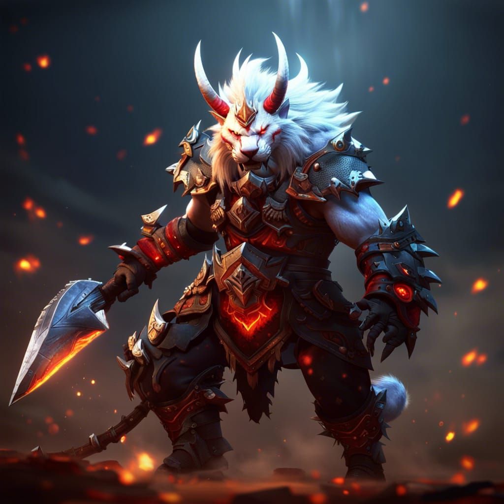 charr - Detailed White Charr Guardian with Flaming Axe