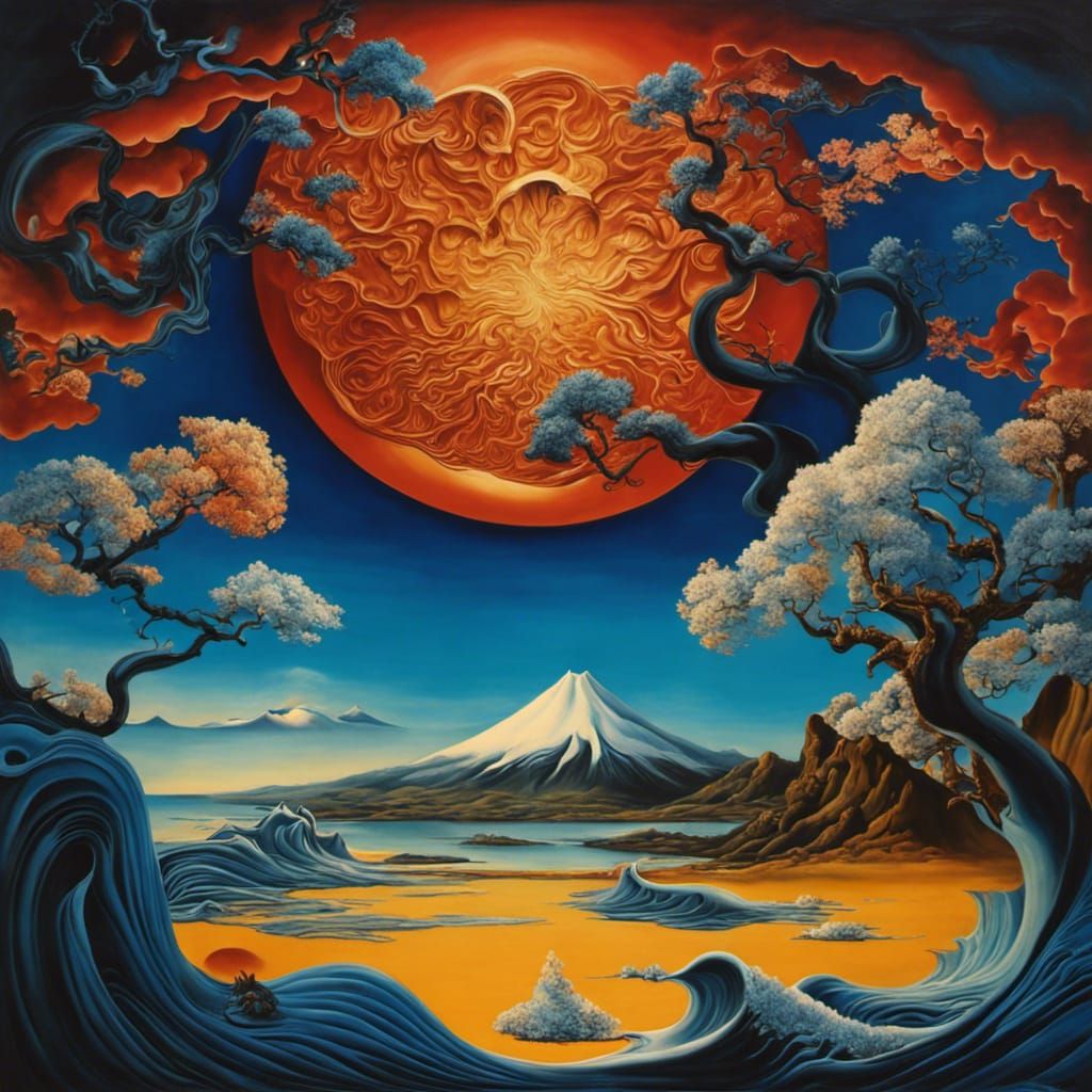 Japanese kami, blue colors, surrealism Salvador Dali matte background ...