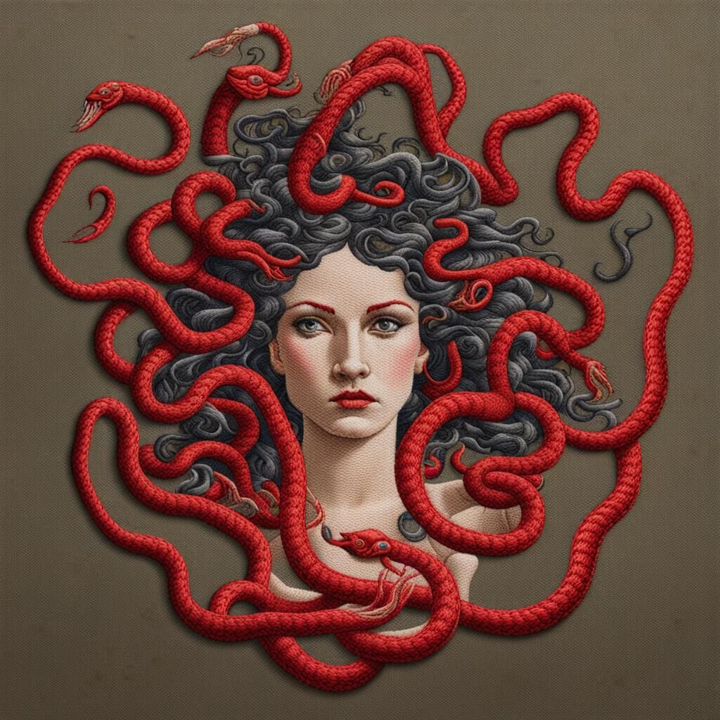 Embroidery, medusa, red snakes - AI Generated Artwork - NightCafe Creator