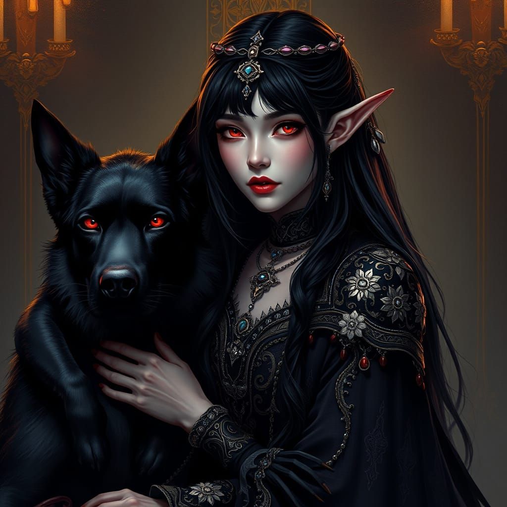 Elegant Gothic Elf Bard with Majestic Mastiff in D... - AI Art