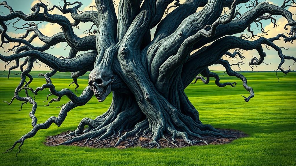 Mournful Tree of Darkness in a Bleak Landscape - AI Art