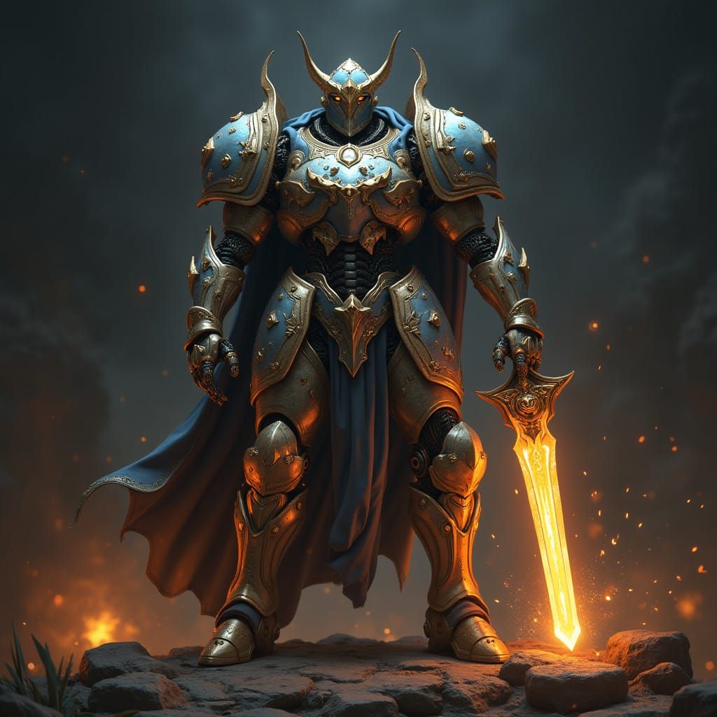 Cybernetic Knight in Majestic Armor Wields Fiery S... - AI Art