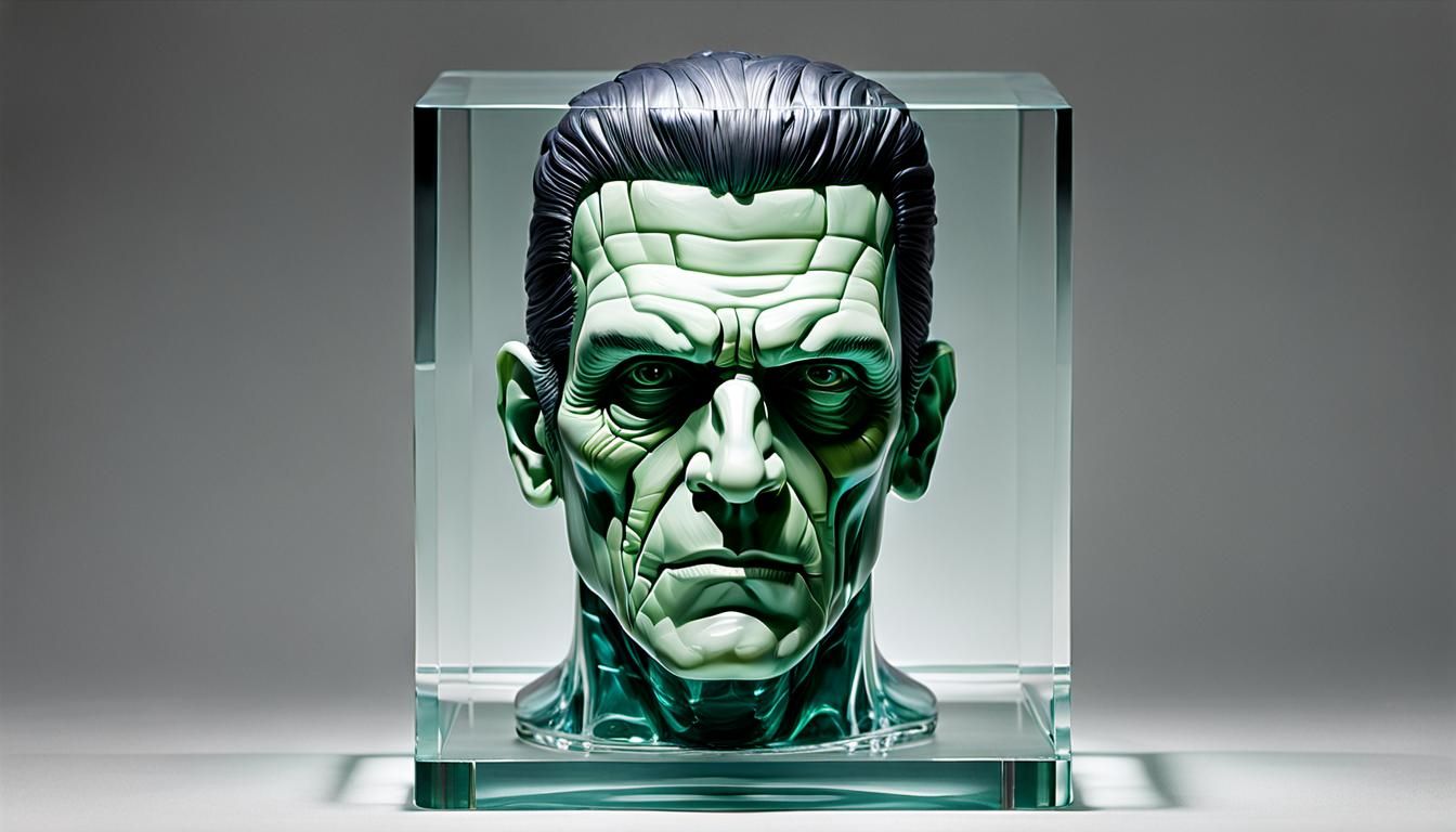 A glass Frankenstein in a square with a white base, by Simon berger ...