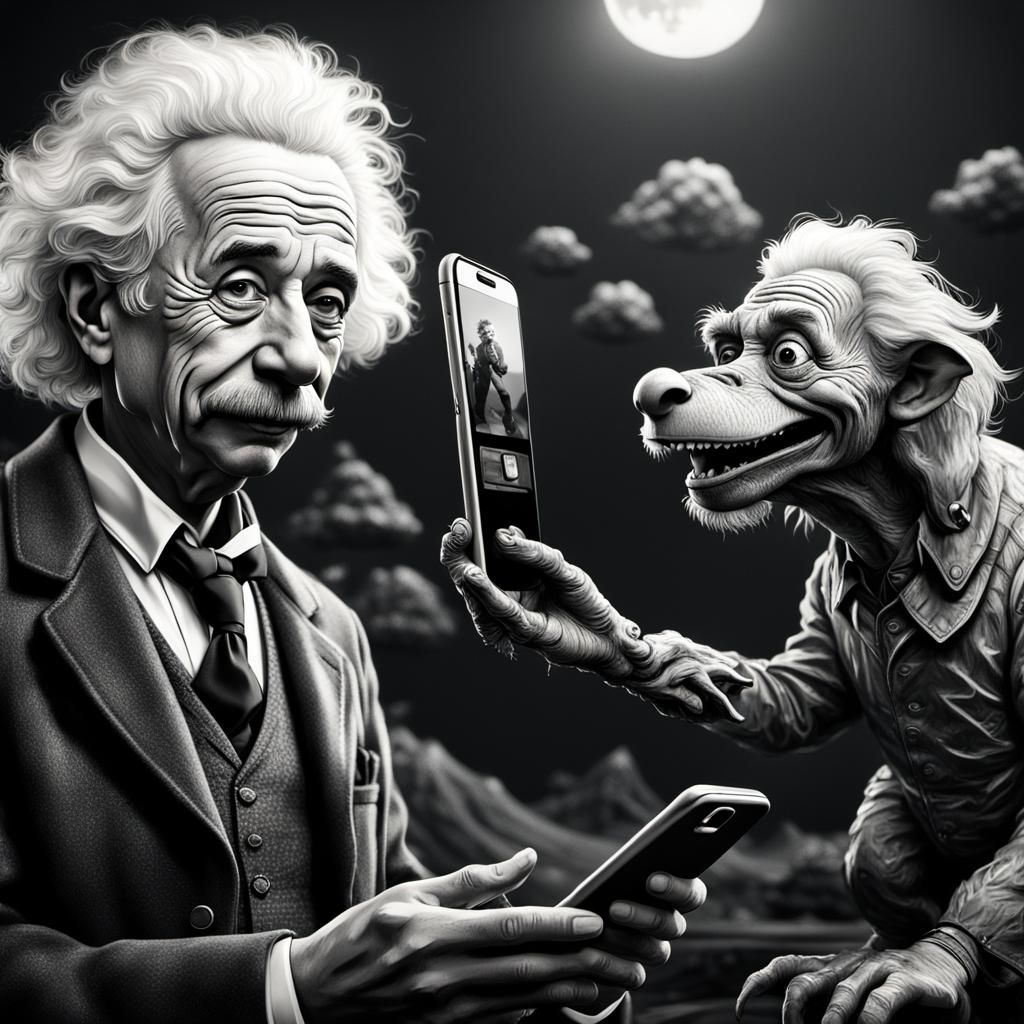 Wacky hiscorical black and white photo of Albert Einstein stood next to ...