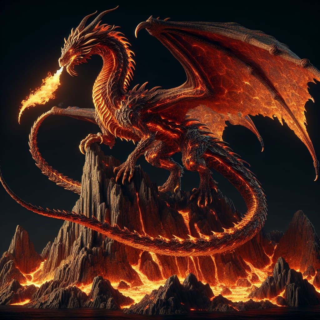 an magnificent dragon with scales reminiscent of fire perched on a ...