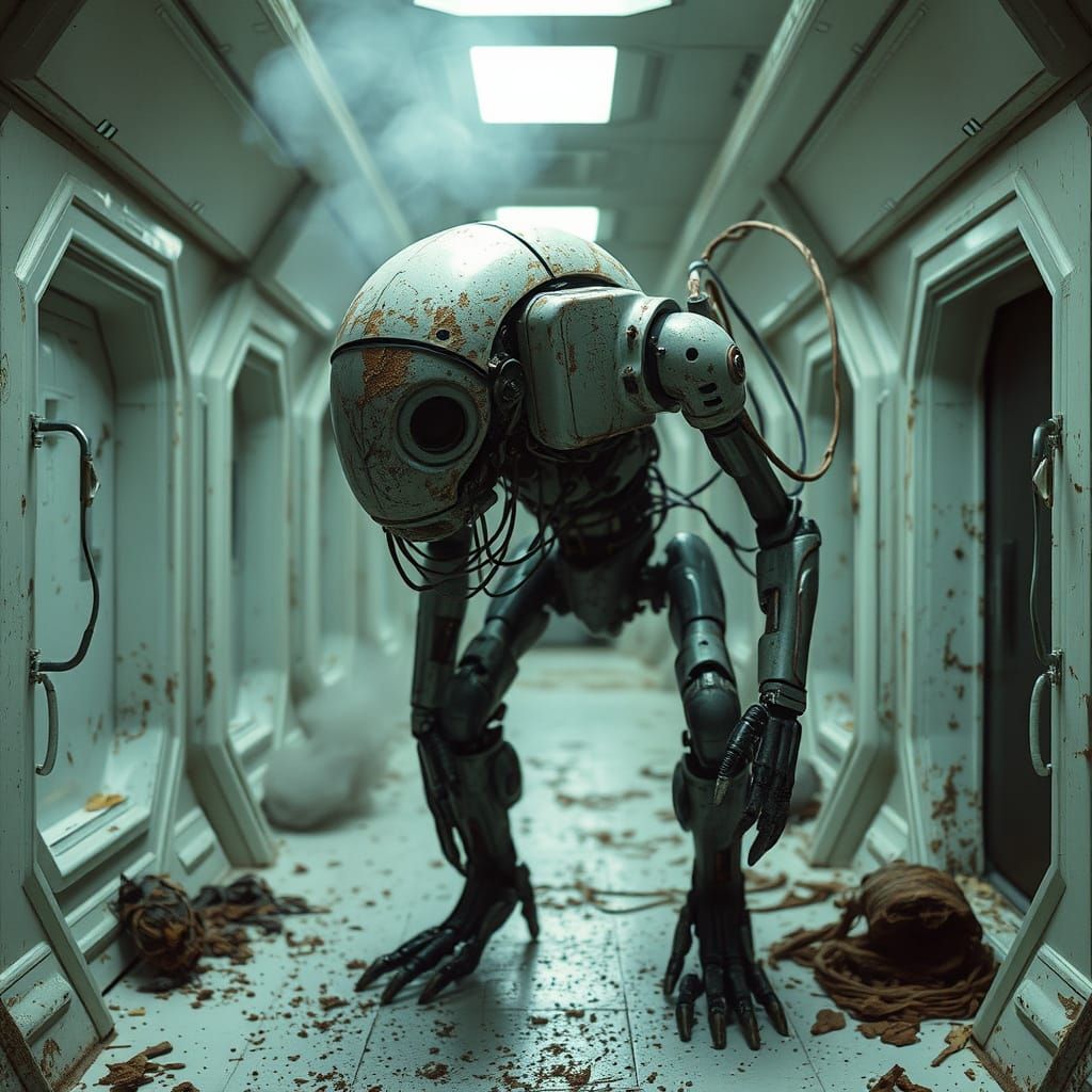 Cybernetic Horror in Dystopian Hallway - AI Art