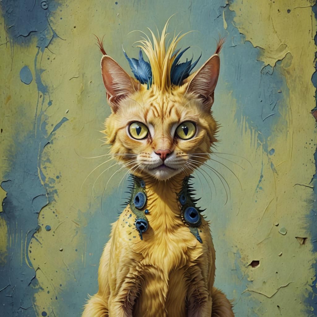 A yellow cat with a long blue beak and lizard eyes. Surreal background ...