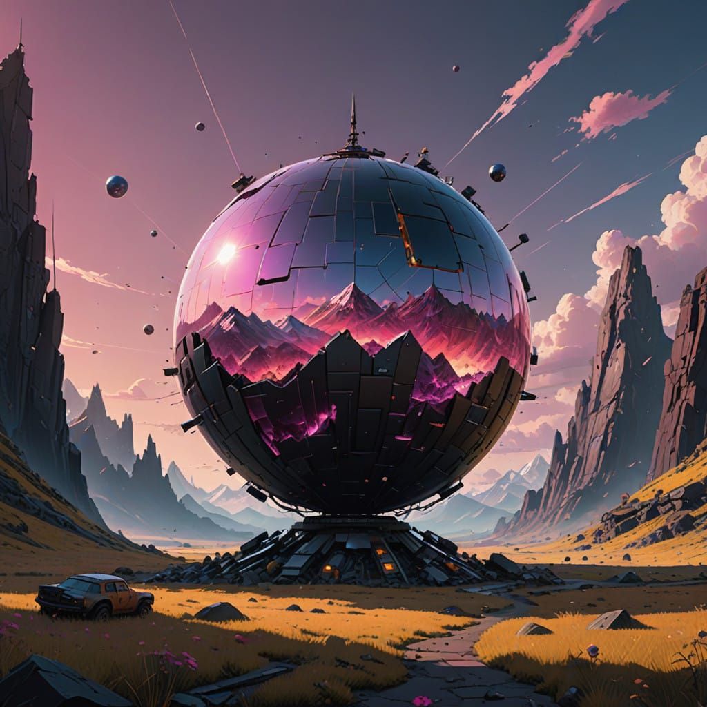 Surreal Chrome Sphere Suspended Between Fantastica... - AI Art