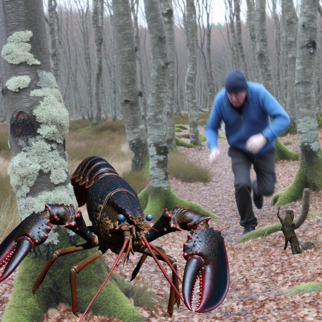 A lobster creature chasing a human in the woods - AI Generated Artwork ...