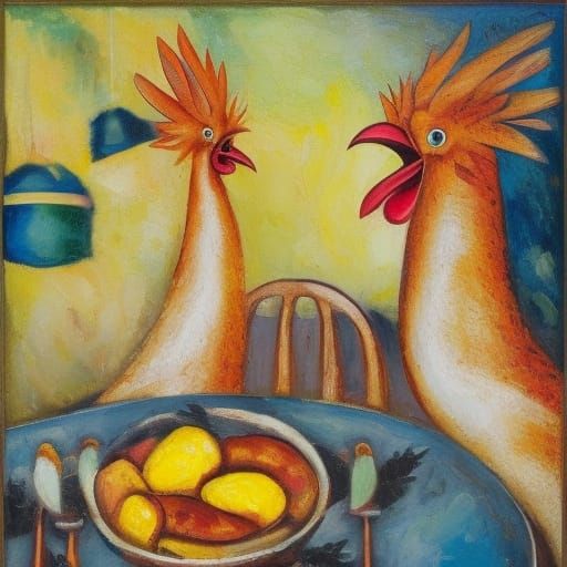 Crying chicken staring at scrambled eggs - AI Generated Artwork ...