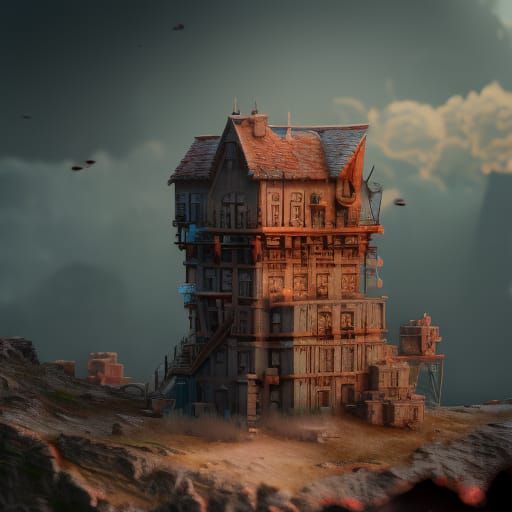 miniature house made from fuse box, thimble used as bucket - AI ...