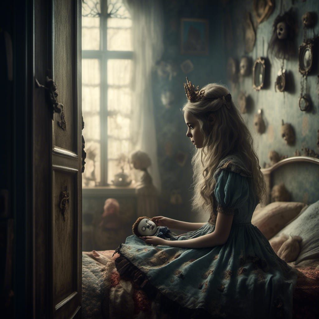 Artistic rendering side view of a woman sitting on a bed, with a creepy ...