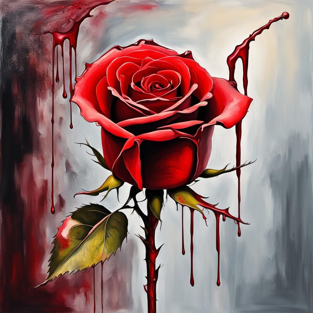 Single red rose with a metal stem and blood dripping from single thorn ...
