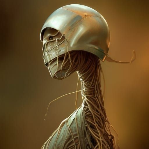 A spindly creature with very long arms and legs. it is wearing a large ...