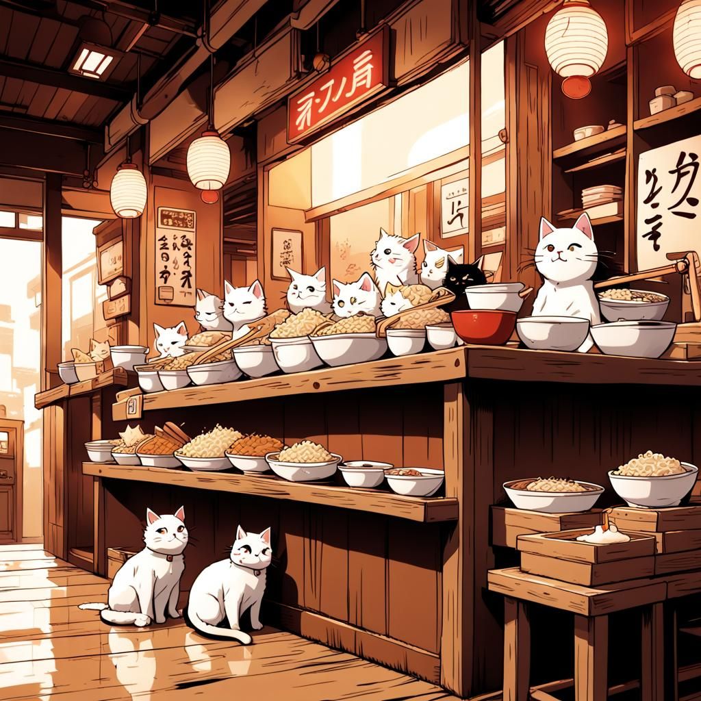 Japanese Ramen Cafe, All the patrons are cute cats eating various ramen ...