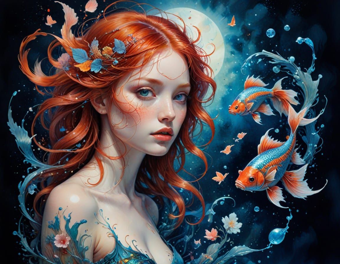 Ethereal Pisces Goddess in Whimsical Watercolor - AI Art