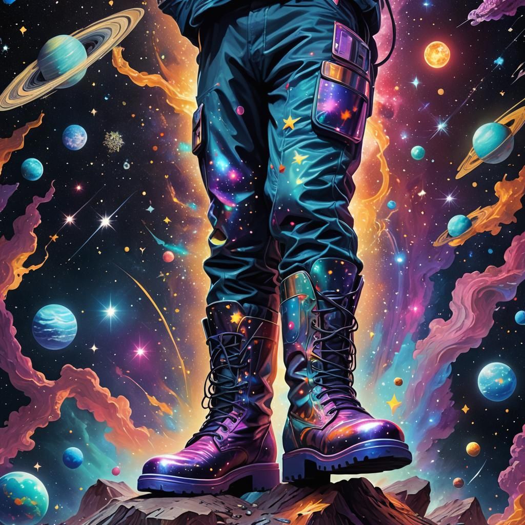 a giant wearing cosmic boots, space, comets, stars, - AI Generated ...