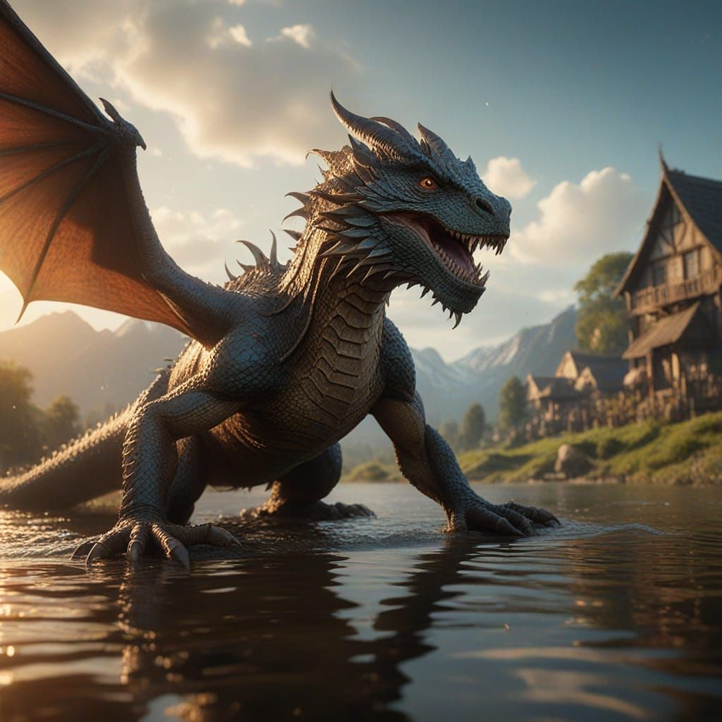 Majestic Water Dragon Rises from the Lake in a Dro... - AI Art