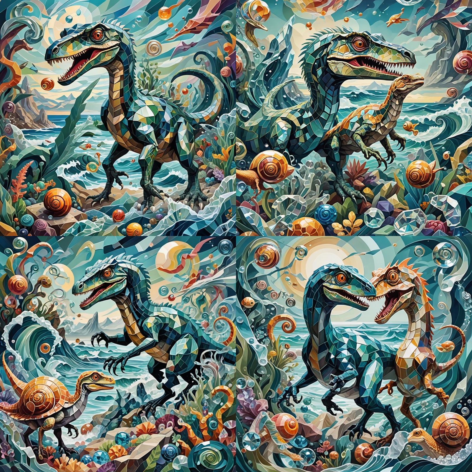Surreal Cubist Dreamscape psychedelic velociraptor fighting crystal ...
