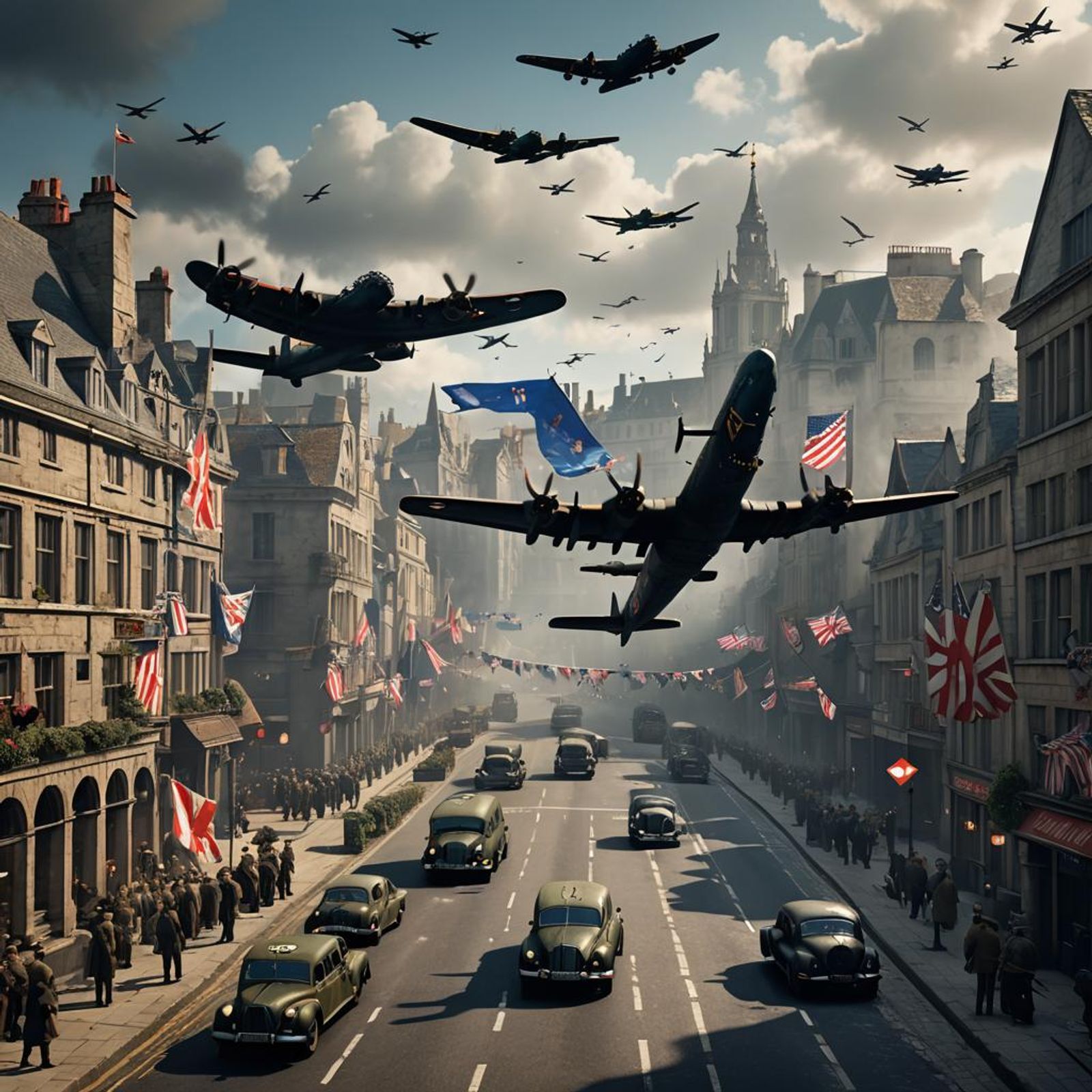 To the fallen soldiers of d day landing a row of statues, with Lancaster bomber flying overhead ...