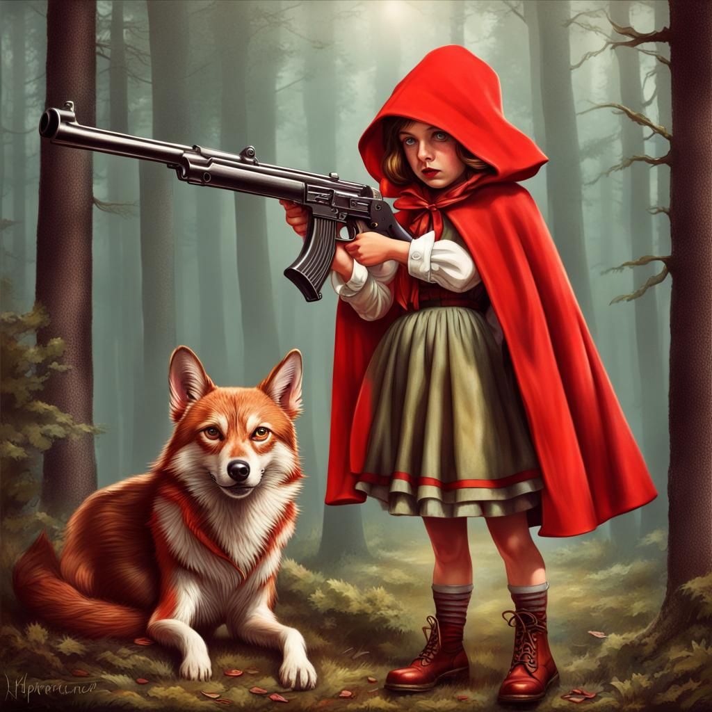 Little red riding hood with a tommy gun, 1920s advertising art style ...