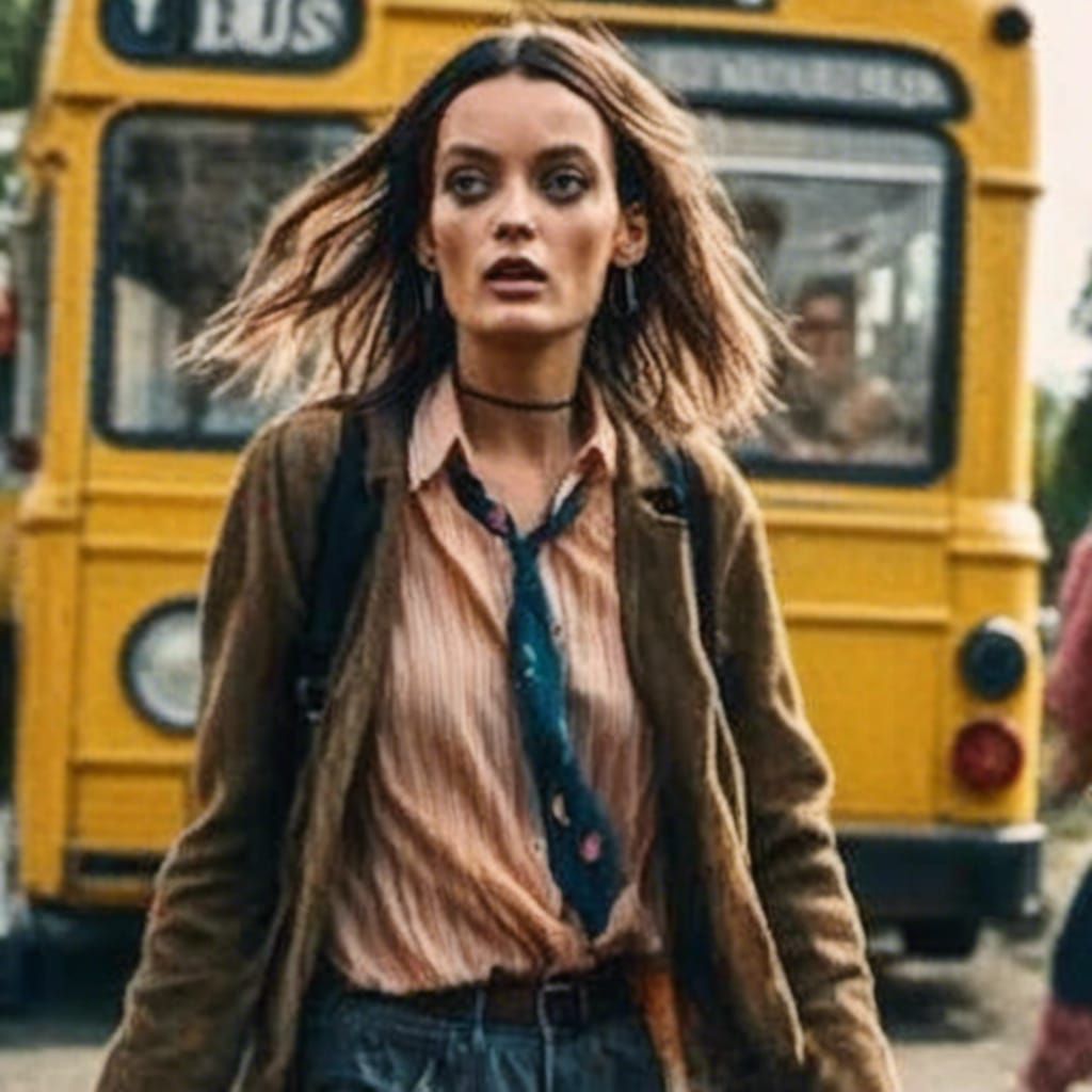 Maeve, running for the yellow bus. Looks at the viewer with appraising ...