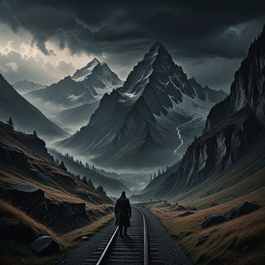 Swiss Alps, train in background - Surreal Dark Fantasy Figur...