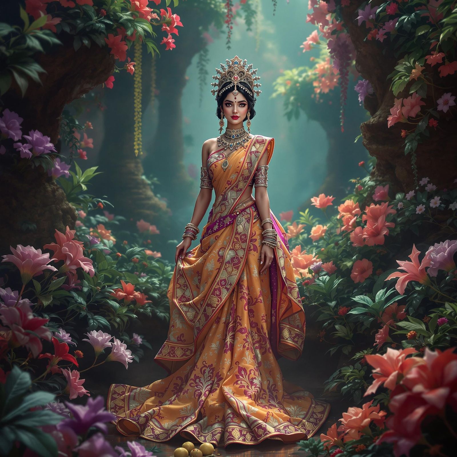 Hindu Princess - Majestic Hindu Princess in Vibrant Dreamlik...