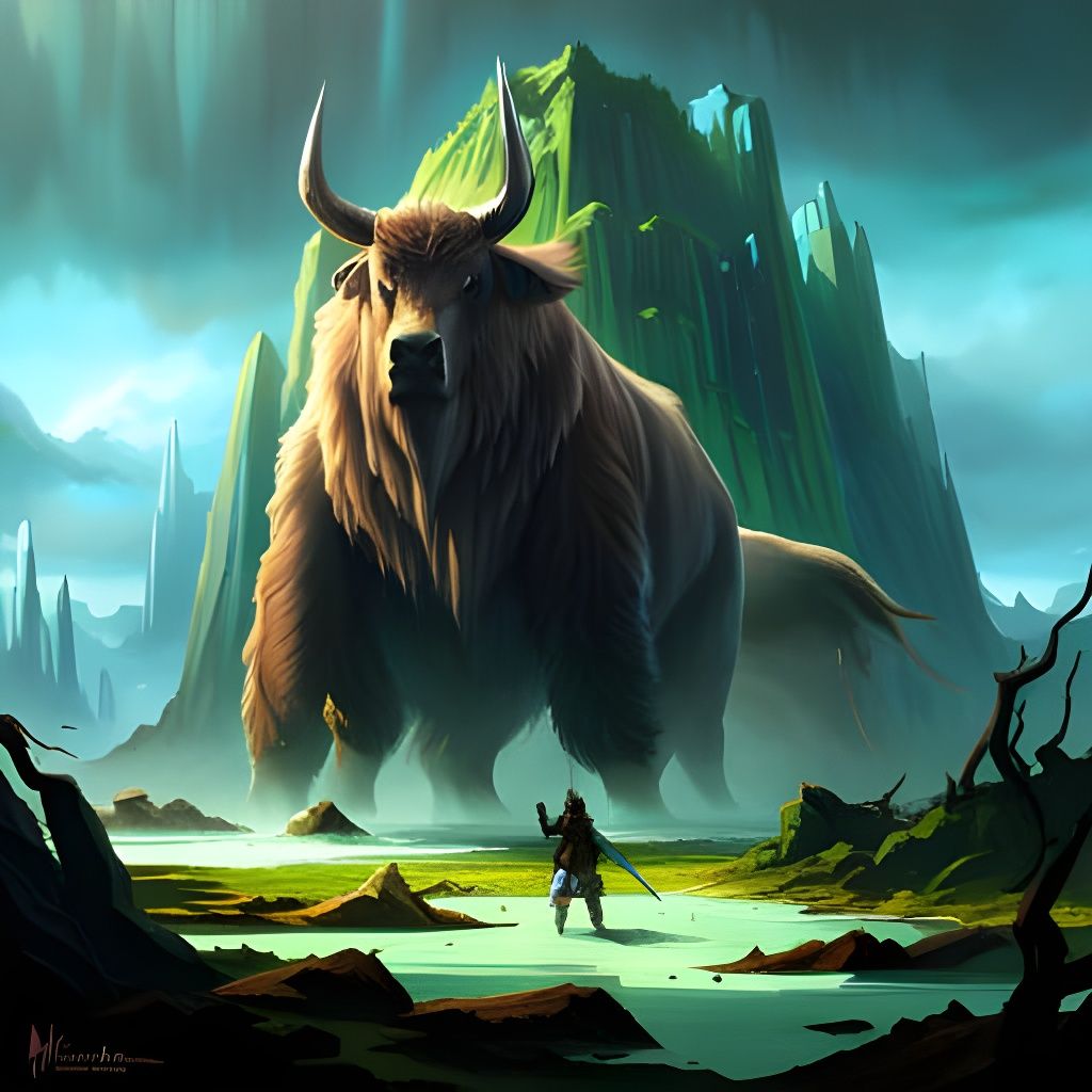 giant ancient yak standing in a swamp, monster hunter world, princess ...