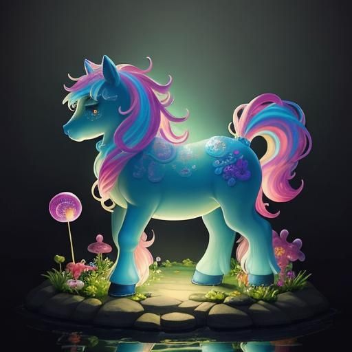 adorable cute chibi baby furry pony with a bioluminescent Waterfall in ...