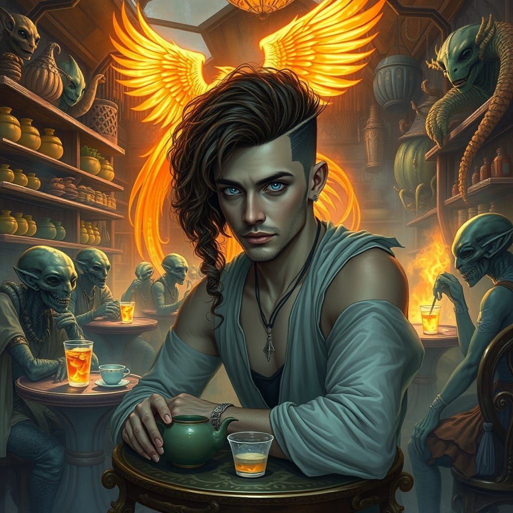 Ethereal Gentleman Sips Tea with Aliens in a Haunt... - AI Art