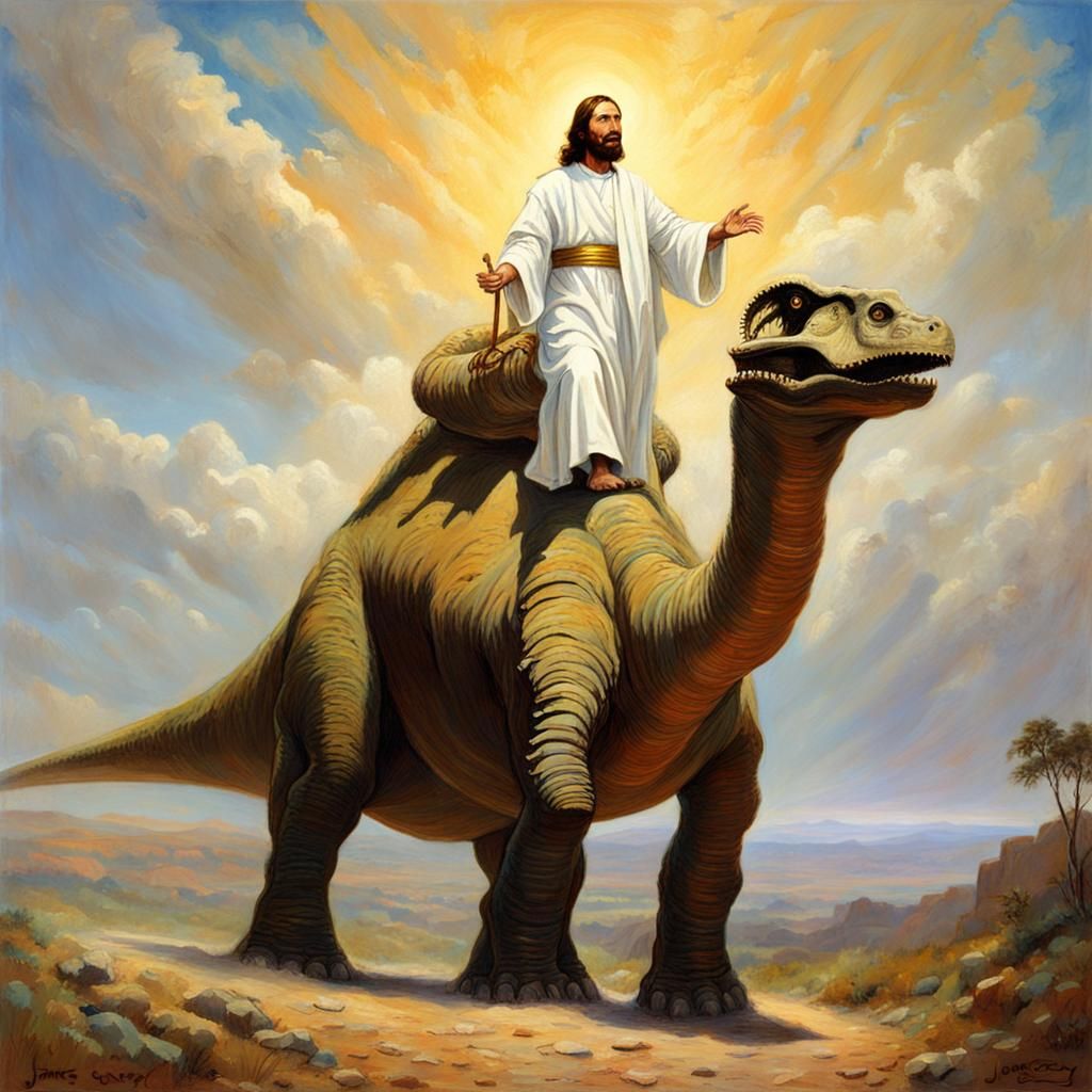 Jesus riding a brontosaurus - AI Generated Artwork - NightCafe Creator