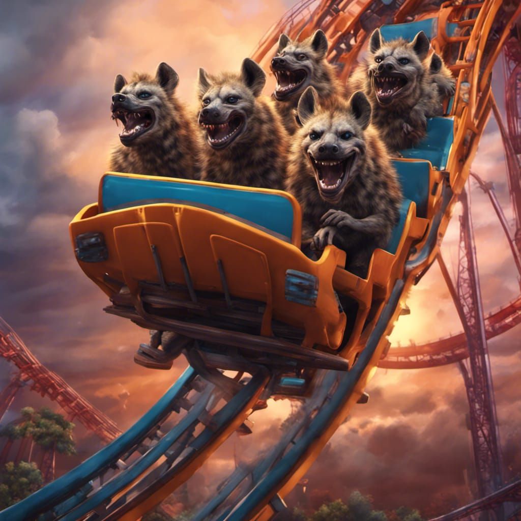 Front shot, six screaming hyenas on a rollercoaster in six flags park ...