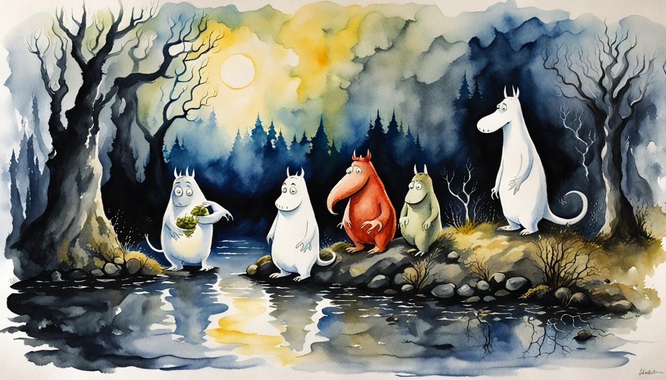The Moomins. Group scene. In the style of tove jansson. Gothic ...