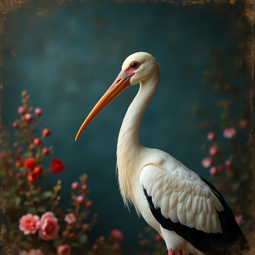 A vintage portrait of a stork, side view, in a background of vintage ...