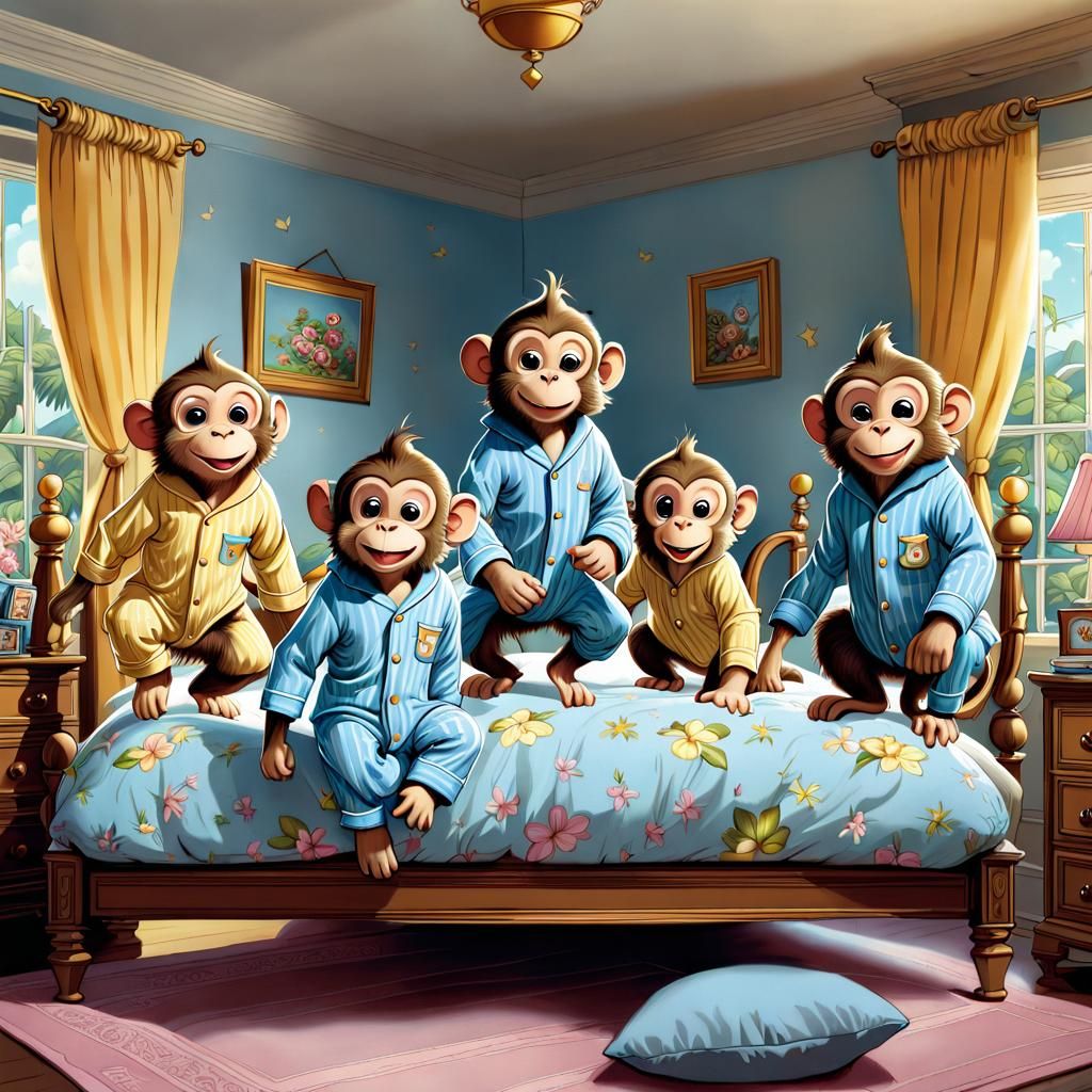 Five Adorable monkeys in pajamas jumping on a bed, cute, dreamy ...