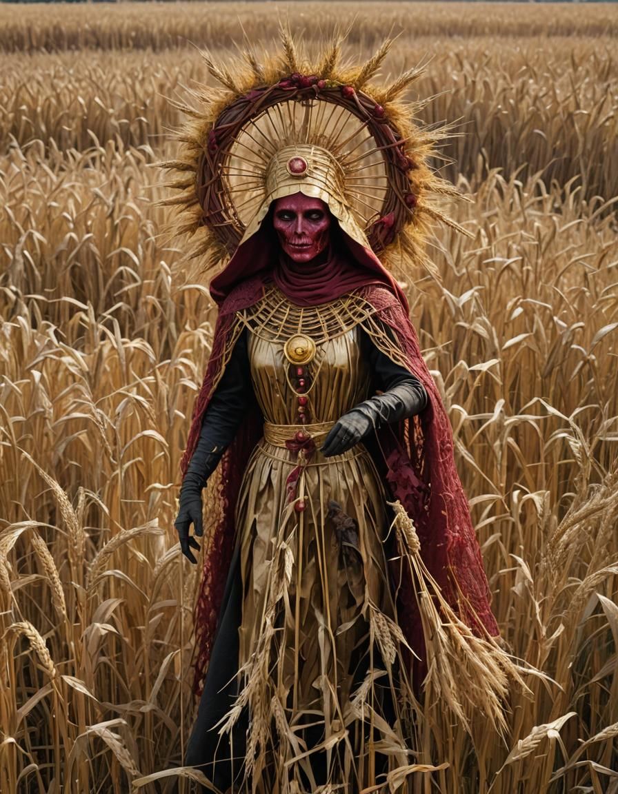 gold and cranberry-color veiled wicker wheat witch effigy with folk ...