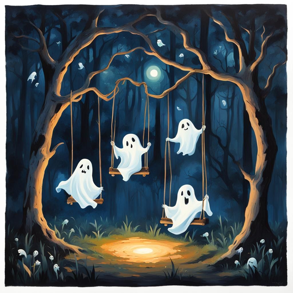 Three little ghosts sat on a swing. In an abandoned forgotten enchanted ...