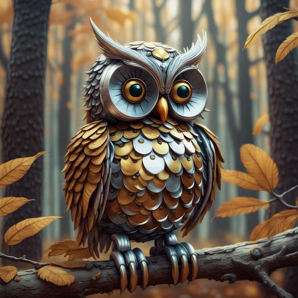 Beautiful Little Mechanical metal Owl on a Branch, owl has intricate ...