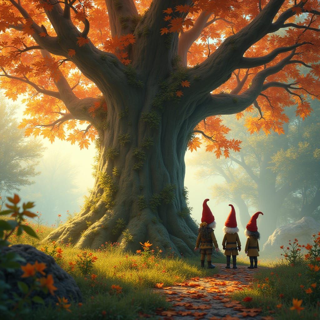 Whimsical Gnomes Amidst Majestic Fall Forest in St... - AI Art