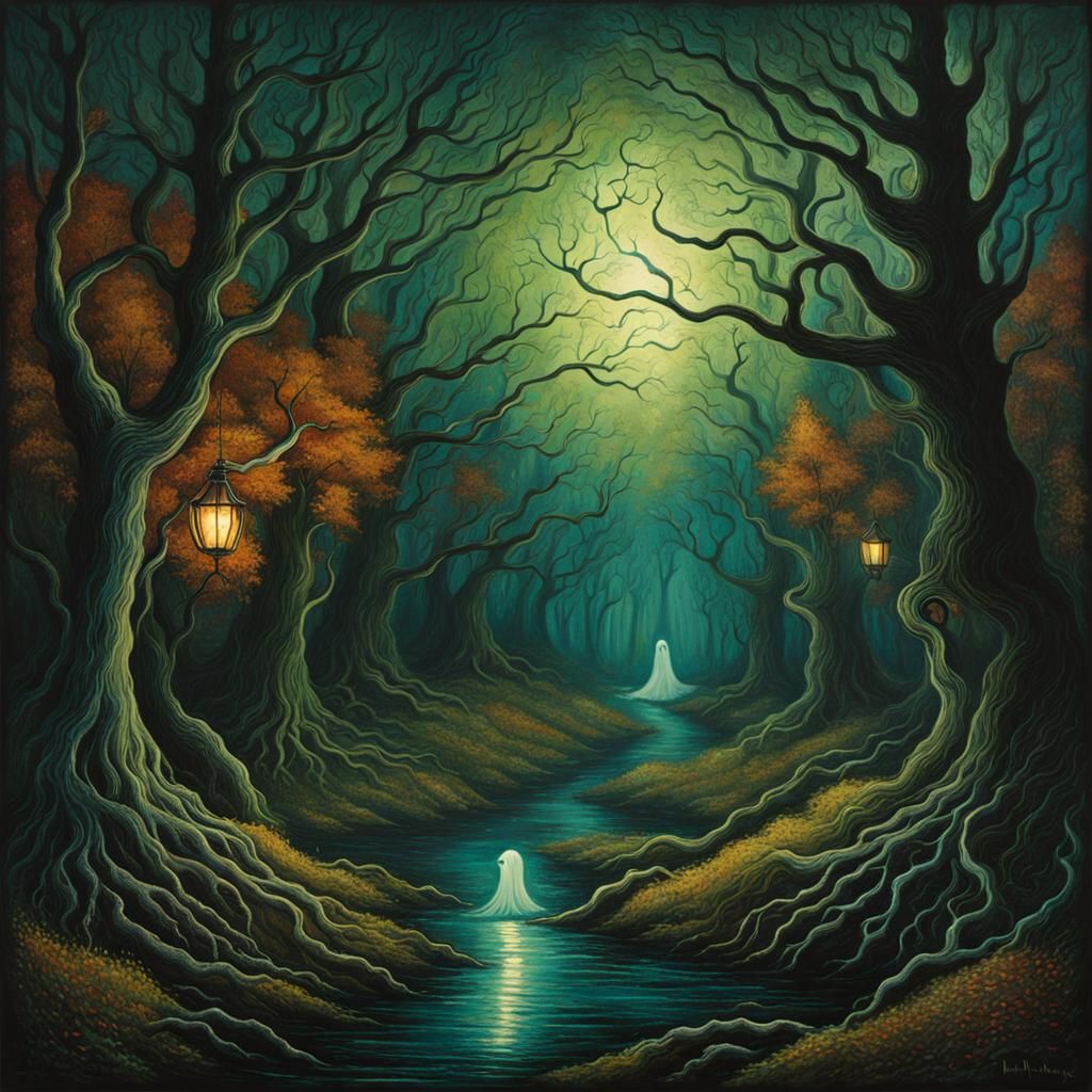 Eldritch forest with eerie ghost will-o'-wisp , surrealism in the style ...
